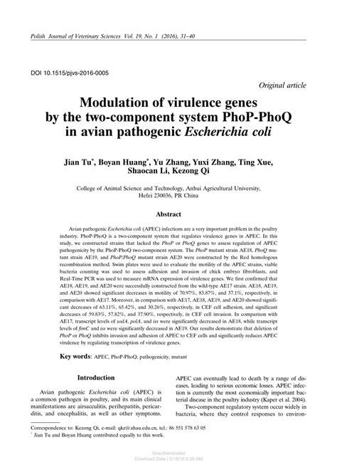 Pdf Modulation Of Virulence Genes By The Two Component System Phop Phoq In Avian Pathogenic