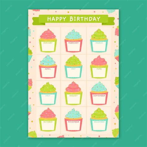 플랫 생일 캘린더 템플릿 무료 벡터