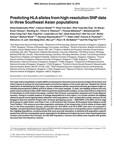 Pdf Predicting Hla Alleles From High Resolution Snp Data In Three Southeast Asian Populations