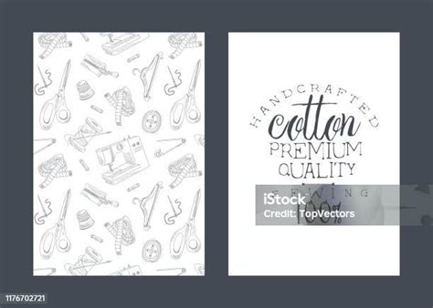 손으로 그린 바느질 액세서리와 수제 면 프리미엄 품질 카드 템플릿은 배너 전단지 현수막 벡터 일러스트레이션에 사용할 수 있습니다 가위에 대한 스톡 벡터 아트 및 기타 이미지