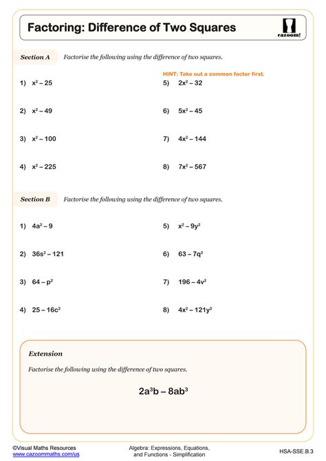Factoring Difference Of Two Squares Worksheet Algebra I Pdf
