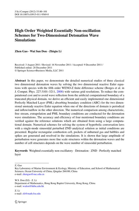 Pdf High Order Weighted Essentially Non Oscillation Schemes For Two Dimensional Detonation