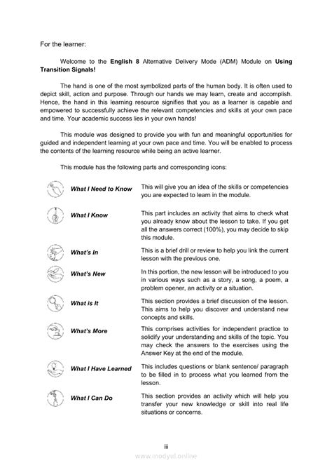English 8 Module 4 Using Transition Signals Grade 8 Modules