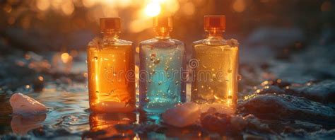 Vibrant Sanitizer Bottles At Sunset A Trio Of Colorful Hygiene Vibrant Sanitizer Bottles At Sunset A Trio Of Colorful Hygiene
