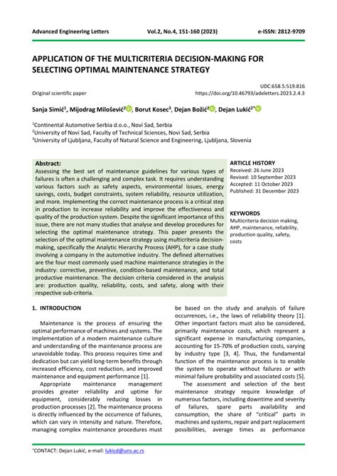 Pdf Application Of The Multicriteria Decision Making For Selecting Optimal Maintenance Strategy