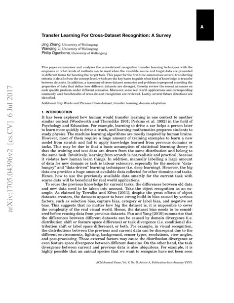 Transfer Learning For Cross Dataset Recognition A Survey Deepai