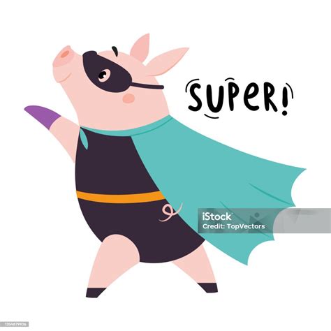 핑크 돼지 슈퍼 히어로 캐릭터 에 눈 마스크 와 망토 데 슈퍼 파워 벡터 일러스트 구조에 대한 스톡 벡터 아트 및 기타 이미지 구조 권위 귀여운 Istock