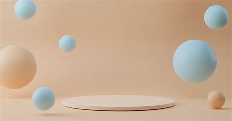 날아다니는 거품이 있는 베이지색 배경에 밝은 원형 연단의 3d 렌더링 둥근 받침대가 있는 추상적인 배경 제품을 보여주기 위한 빈 무대 사진 Unsplash의 개념 이미지