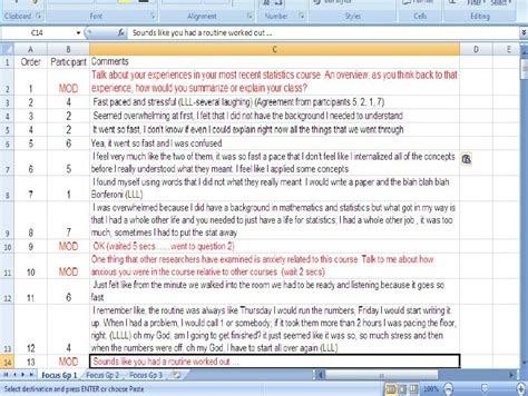 Excel Spreadsheet Of Focus Group Interviews The Number In The Order