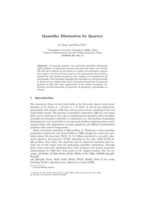 Pdf Quantifier Elimination For Quartics