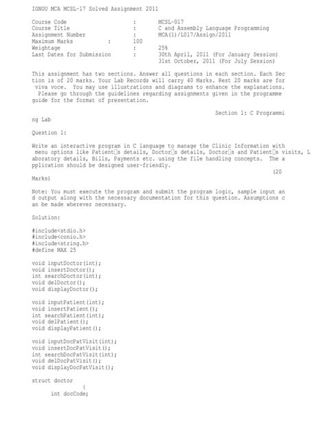 ignou mca solved assignments pdf c programming language computer architecture