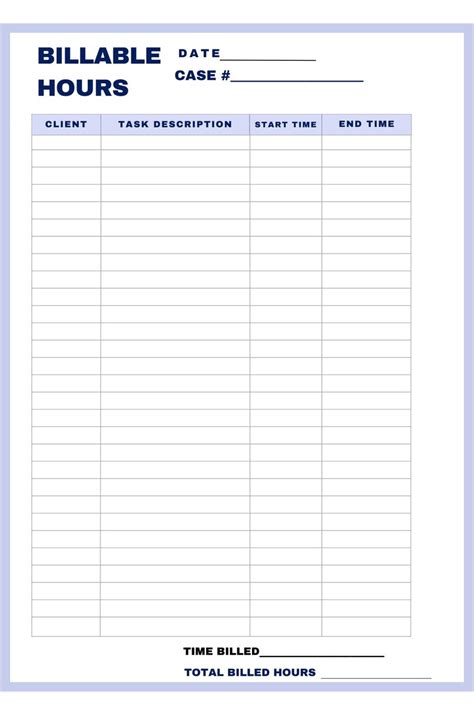 Billable Hours Log Sheet Printable Time Tracking Template For