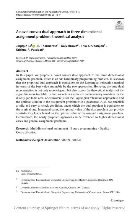 A Novel Convex Dual Approach To Three Dimensional Assignment Problem Theoretical Analysis