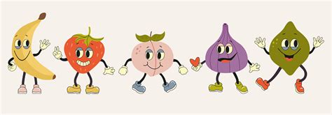 과일 복고풍 펑키 만화 캐릭터 그루비 과일 세트 손으로 그리기 재미 있은 복고풍 빈티지 유행 스타일 과일 만화 캐릭터