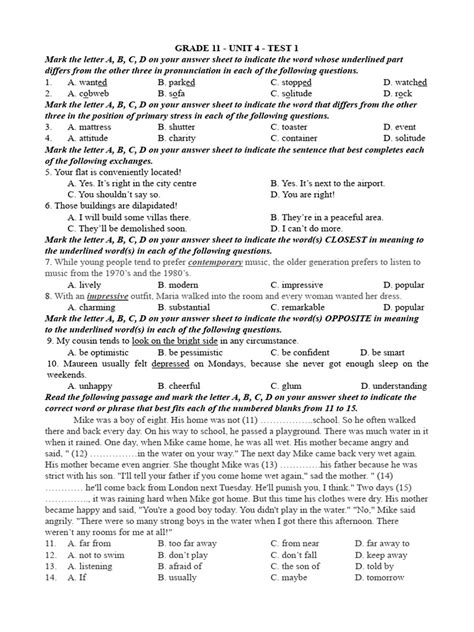 Grade 11 Unit 4 Test 1 2 Đề Pdf Indonesia