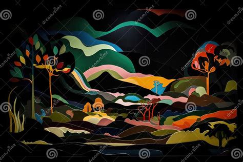 Abstract And Surreal Landscape With Floating Shapes And Colors Against Black Background Stock