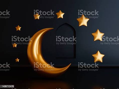 라마단 카림 별이 있는 황금 초승달 기호 무슬림 휴일을 위한 빛과 그림자가 있는 검은 배경에 노란 달 3d 렌더링 그림입니다 3차원 형태에 대한 스톡 사진 및 기타 이미지