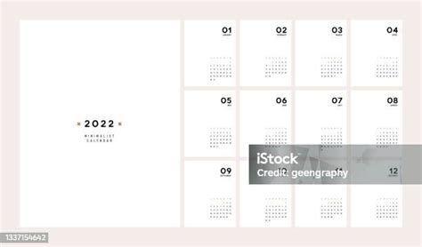 캘린더 2022 트렌디 한 미니멀 리스트 스타일 12 페이지 책상 달력의 집합입니다 인쇄 템플릿을 위한 최소 캘린더 플래너 디자인입니다 벡터 일러스트레이션 달력에 대한 스톡