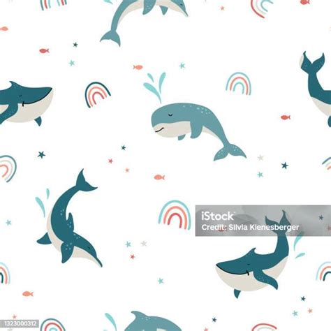 귀여운 손으로 그린 바다 생활 원활한 패턴 행복한 고래와 장식 여름 직물 배너 배경 화면 포장에 좋은 벡터 디자인 고래에 대한 스톡 벡터 아트 및 기타 이미지 Istock
