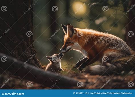 Female Fox With A Fox Cub Portrait In A Forest Stock Illustration