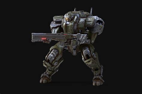 공상 과학 기계 병사의 3d 렌더링은 양손으로 돌격 소총을 들고 공격 포즈를 취하고 있습니다 어두운 배경에 무거운 녹색 회색 긁힌 금속 갑옷에 큰 군사 로봇 전사의 개념 0