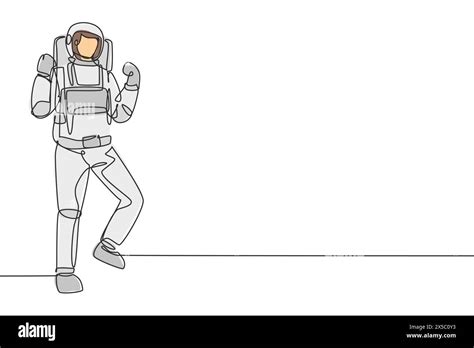 Single Continuous Line Drawing Astronaut Stands With Celebrate Gesture Wearing Space Suit
