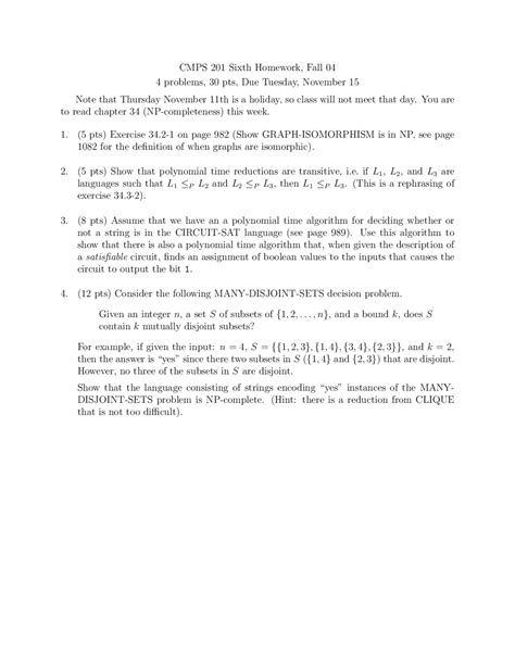 Cmps 201 Homework 6 Np Completeness Problems Assignments Algorithms And Programming Docsity