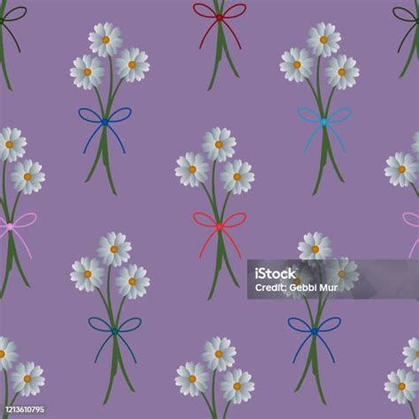 흰색 카모마일 꽃다발의 원활한 패턴 리본의 장식 벡터 보라색 고립 된 배경에 꽃입니다 배경 화면 커버 섬유 벽에 대한 아이디어 스프링 프린트 플랫 스타일 0명에 대한 스톡