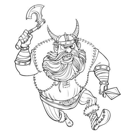 Viking Féroce Courant Avec Une Hache Sur Le Dessin De La Ligne Ennemie