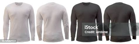 빈 긴 소매 셔츠는 템플릿 전면 및 뒷면 보기 흰색에 고립 된 일반 흰색과 검은 색 티셔츠를 모의 티 디자인 모형 프리젠 테이션 0명에 대한 스톡 사진 및 기타 이미지