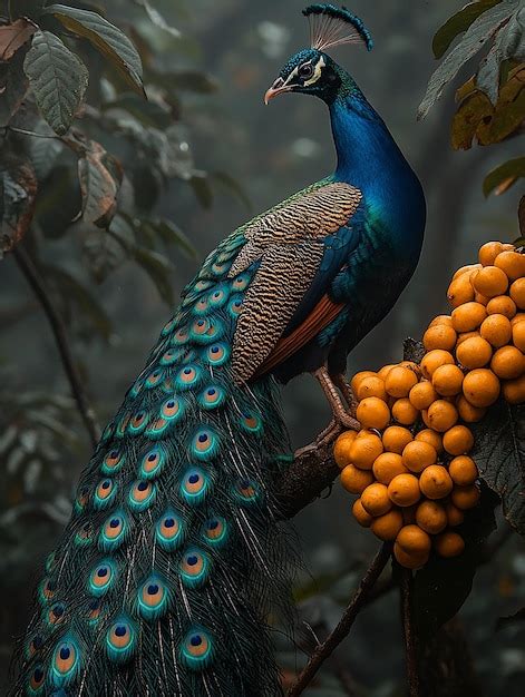 A Peacock Is Standing On A Tree With Many Orange Fruits Premium Ai