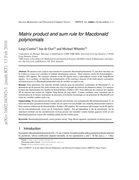 PDF Matrix Product And Sum Rule For Macdonald Polynomials