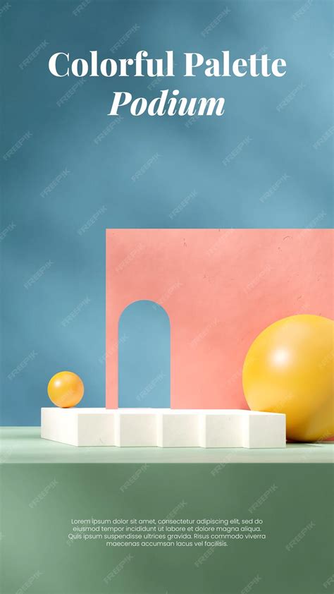 В портрете желтая сфера синяя стена зеленый пол рендеринг 3d шаблон макет белая форма подиум