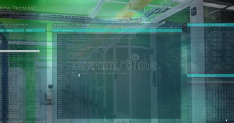 Animation Of Interface With Data Processing And Light Spots Against Computer Server Room Stock