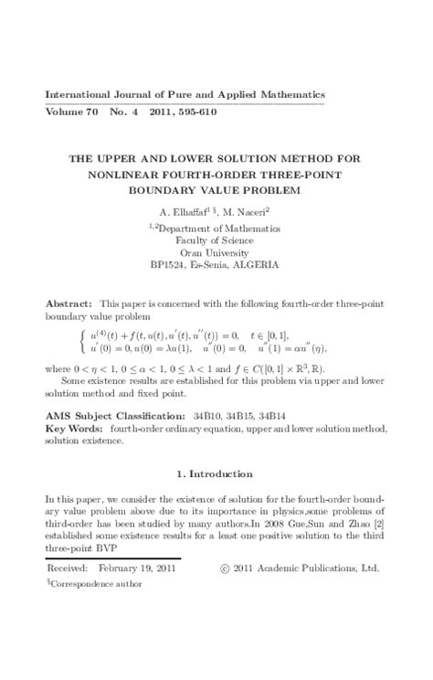 Pdf The Upper And Lower Solution Method For Nonlinear Fourth Order Three Point Boundary Value