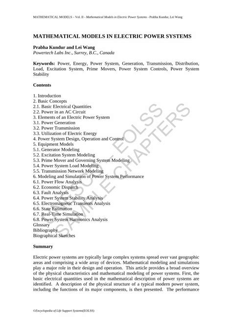 Pdf Mathematical Models In Electric Power Systems · Modeling And Simulation Of Power System
