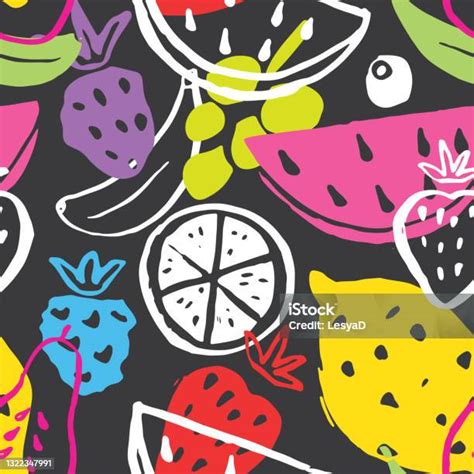 과일 원활한 패턴 육즙 과일 사과 배 딸기 오렌지 슬라이스 복숭아 매실 바나나 수박 파파야 포도 레몬과 딸기 배경 벡터 일러스트레이션 0명에 대한 스톡 벡터 아트 및 기타