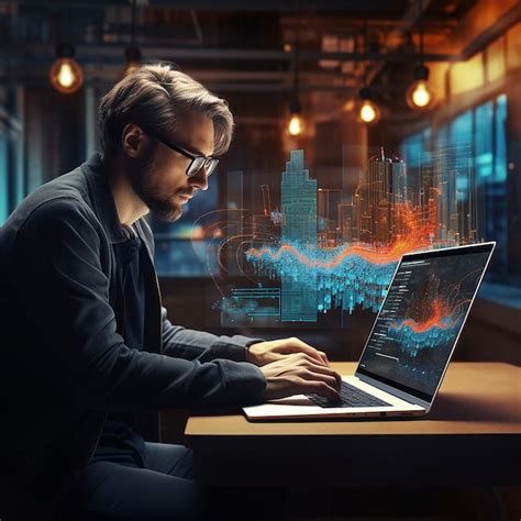 Premium Ai Image Data Scientist Programmer Using Laptop Analyzing Financial Data On Futuristic