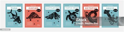 참치 캐비아 오징어 거북이 고기 문어 오징어 추상적인 그리기 디자인의 물고기와 해산물 포스터 세트 라벨 또는 포스터 가격표 심플하고 평평한 디자인 패턴과 배경 캐비어에 대한
