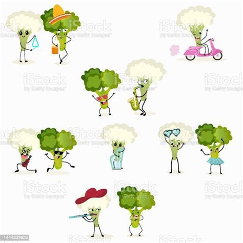 재미있는 만화 캐릭터 브로콜리와 콜리플라워 타기 악기 연주 스포츠 건강 식품 요리 재료 어린이 티셔츠 디자인의 벡터