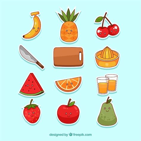 Fun набор фруктов наклейки Премиум векторы