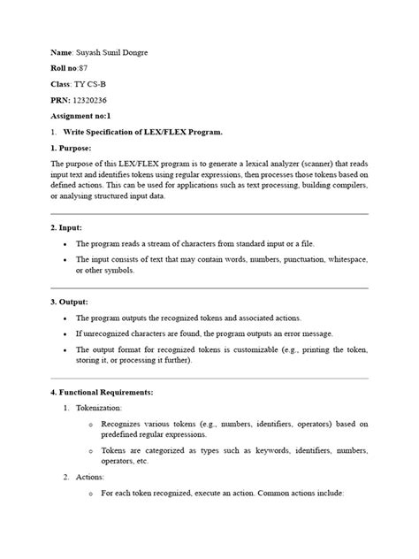 Compiler Design Assignment Write Specification Of Lexflex Program