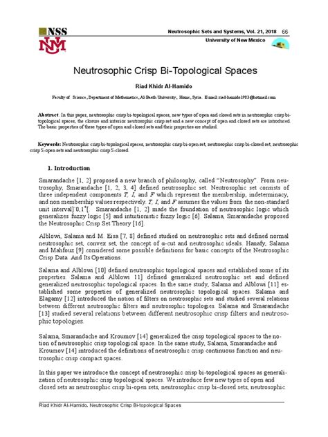 Neutrosophic Crisp Bi Topological Spaces Pdf Mathematical Structures Topology