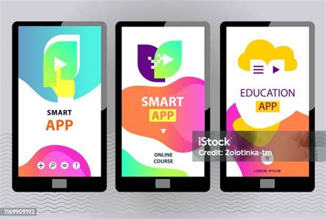 스마트 온라인 교육 앱 로고 컨셉 일러스트레이션 템플릿 앱 개발 랜딩 프론트 페이지 모바일 웹 사이트에 대한 세 개의 터치 스크린 스마트 폰 쉽게 사용자 정의하고 편집 할