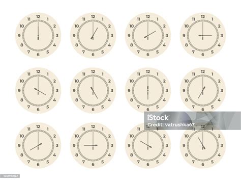 시계 시간이 설정되었습니다 아라비아 로마 숫자가있는 둥근 시계 화면 다른 시간을 보여주는 12 개의 다이얼 요소 아날로그 디스플레이 벡터 격리 컬렉션 가리키기에 대한 스톡
