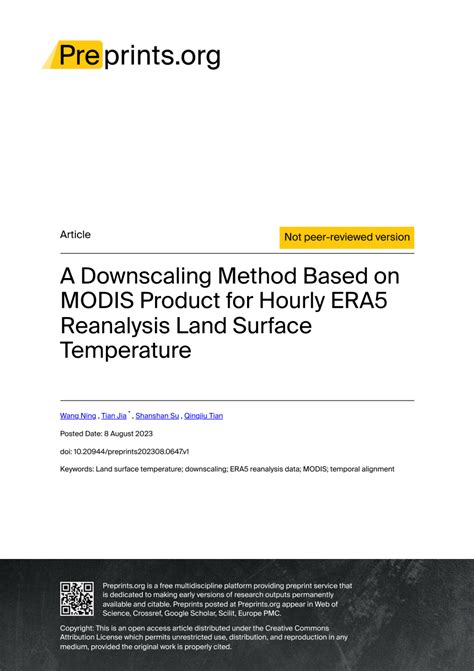 Pdf A Downscaling Method Based On Modis Product For Hourly Era5 Reanalysis Land Surface