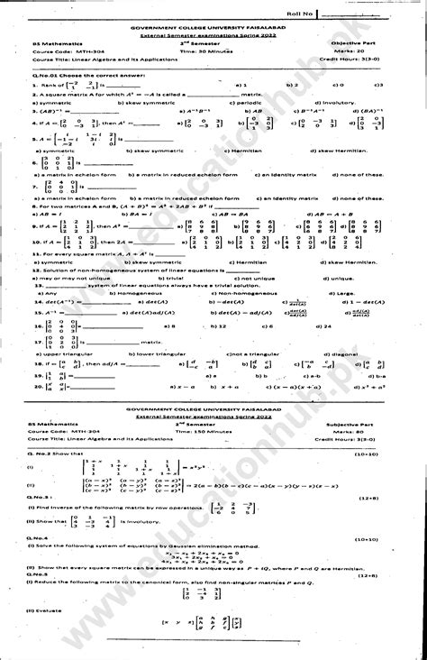 Mth Linear Algebra And Its Applications Bs Math Gcuf Past Paper