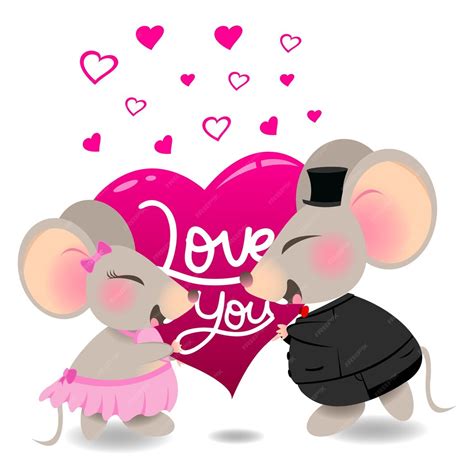 귀여운 마우스 커플은 그들의 사랑 발렌타인 데이 로맨틱 일러스트레이터 벡터 세트를 보여줍니다 프리미엄 벡터