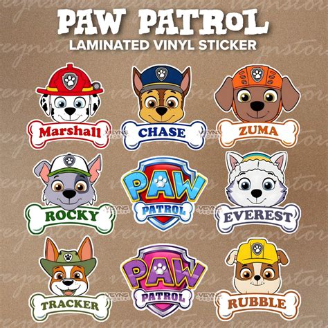 Paw Patrol Chase Marshall Zuma Skye Rocky Rubble Tuck Everst Tracker Waterproof Vinyl Sticker V2