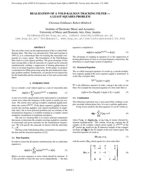 Pdf Realization Of A Vold Kalman Tracking Filter — A Least Squares
